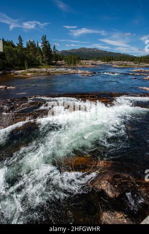Norwegian summer landscape with Otra river Aust-Agder County, Norway ...