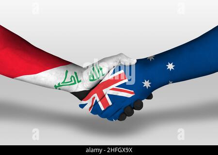 Handshake between Argentina and Iraq flags painted on hands, isolated ...