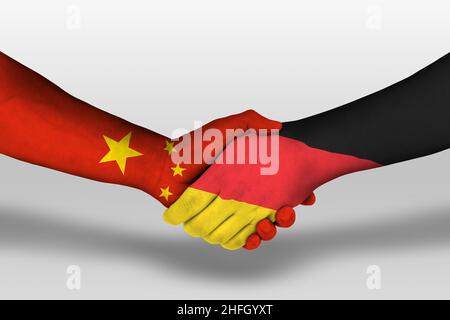 Handshake between china and european union flags painted on hands ...