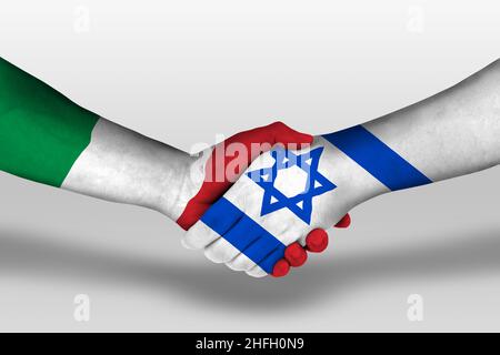 Handshake between Italy and Iraq flags painted on hands, isolated ...