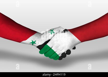 Handshake between syria and italy flags painted on hands, illustration ...