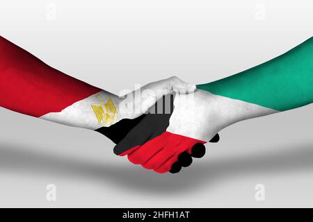 Handshake between egypt and kuwait flags painted on hands, illustration ...