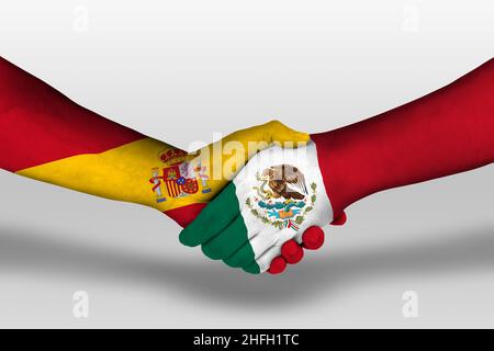 Handshake between spain and mexico flags painted on hands, illustration ...