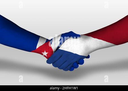 Handshake between Cuba and Netherlands flags painted on hands, isolated ...