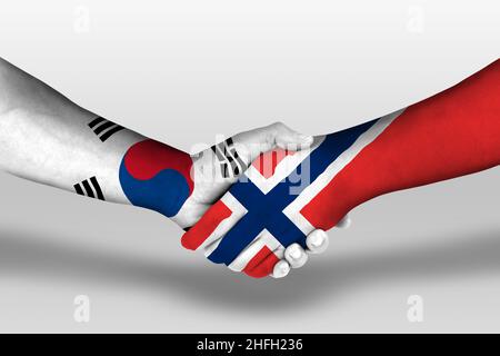 Handshake between South Korea and Norway flags painted on hands ...