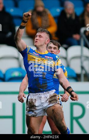 Leeds' Harry Newman celebrates scoring a try during the Betfred Super ...