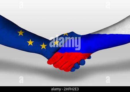 Handshake between European Union and Russia flags painted on hands ...