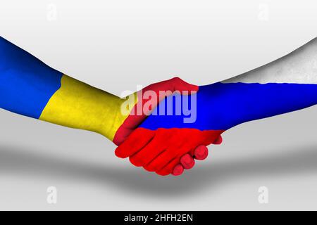 Handshake between Romania and Russia flags painted on hands, isolated ...