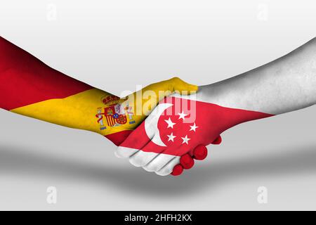 Handshake between spain and singapore flags painted on hands ...