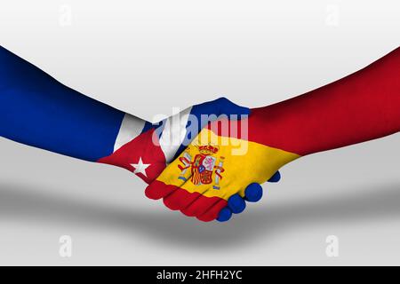 Handshake between cuba and spain flags painted on hands, illustration ...