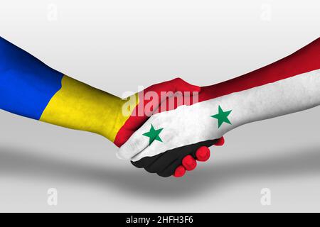 Handshake between Romania and Syria flags painted on hands, isolated ...