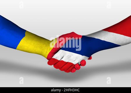 Handshake between romania and thailand flags painted on hands ...