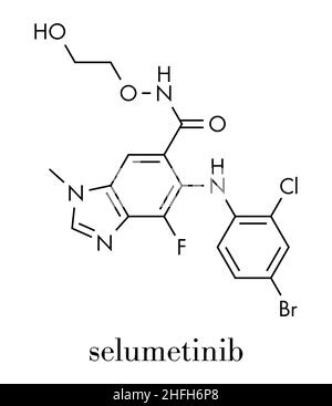 Selumetinib cancer drug molecule (MEK1 and MEK2 inhibitor). Stylized 2D ...