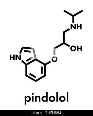 Pindolol molecule. Skeletal chemical formula. Paper packaging for drugs ...
