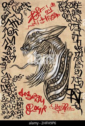 necronomicon like horror illustrated book page illustration Stock Photo ...