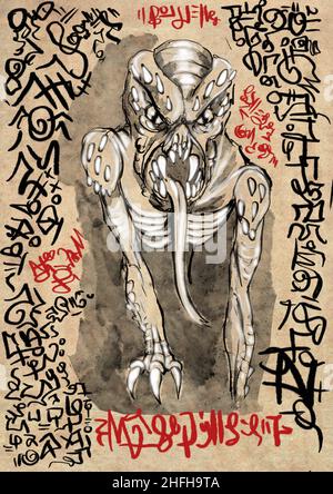 necronomicon like horror illustrated book page illustration Stock Photo ...