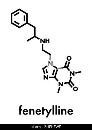 Fenetylline (fenethylline) stimulant drug molecule. Skeletal formula ...