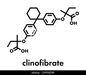 Clinofibrate hyperlipidemia drug molecule (fibrate class). Skeletal ...
