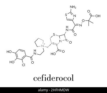 Cefiderocol antibiotic drug molecule (cephalosporin class). Skeletal ...
