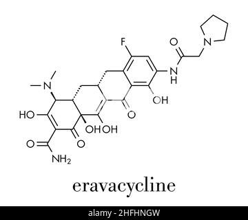 Eravacycline antibiotic drug molecule (tetracycline class). Skeletal ...