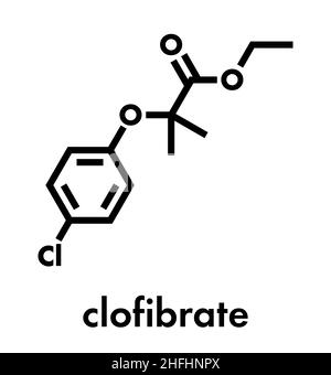 Clofibrate hyperlipidemia drug molecule (fibrate class). Skeletal ...