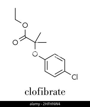 Clofibrate hyperlipidemia drug molecule (fibrate class). Skeletal ...