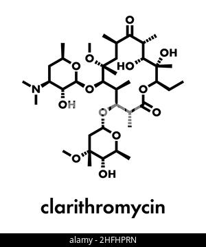 Clarithromycin antibiotic drug (macrolide class) molecule. Skeletal ...