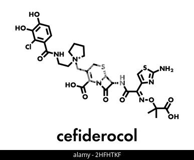 Cefiderocol antibiotic drug molecule (cephalosporin class). Skeletal ...