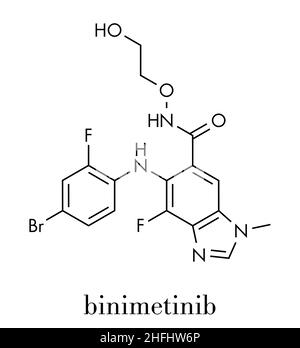 Binimetinib cancer drug molecule (MEK inhibitor). Conventional skeletal ...