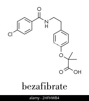 Bezafibrate hyperlipidemia drug molecule (fibrate class). Skeletal ...