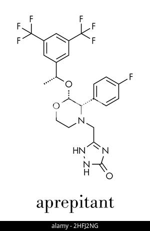 Aprepitant antiemetic drug molecule. Chemical formula is C23H21F7N4O3 ...