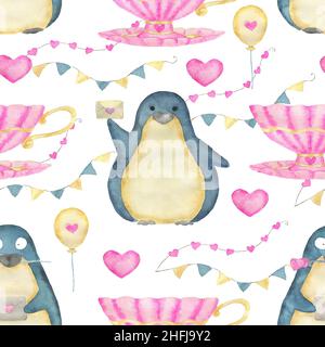 Seamless pattern with adorable kawaii penguin bird with hearts and love ...
