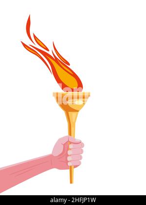 Hand hold Torch with flame, cup, symbol sport games. Icon vector Stock ...