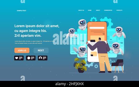 man and robot web developers creating program code on smartphone screen ...
