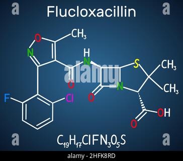 Flucloxacillin (floxacillin) antibiotic drug molecule. Skeletal formula ...