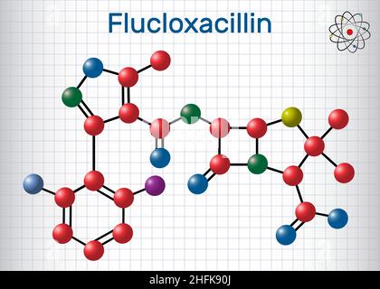 Flucloxacillin (floxacillin) antibiotic drug molecule. Skeletal formula ...