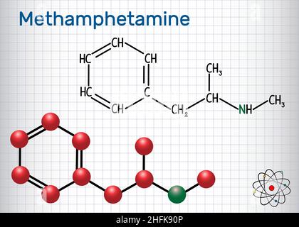 Methamphetamine (crystal meth, C10H15N) molecule, is a potent central ...