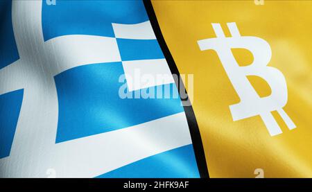 Gold bitcoin cryptocurrency with a waving Greece flag. 3D Rendering ...