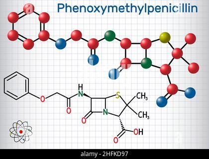 Phenoxymethylpenicillin (penicillin V) antibiotic drug molecule ...