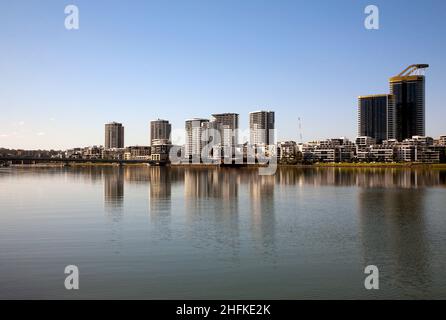 Colour photograph of Homebush Bay, high-rise residential development ...