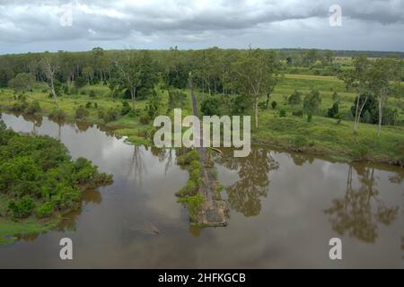 Aerial of the Kolan River at Smiths Crossing near Bundaberg Queensland ...