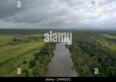 Aerial of the Kolan River at Smiths Crossing near Bundaberg Queensland ...