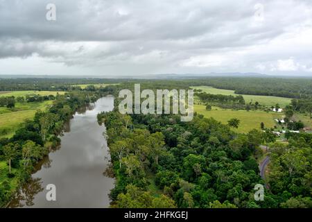 Aerial of the Kolan River at Smiths Crossing near Bundaberg Queensland ...