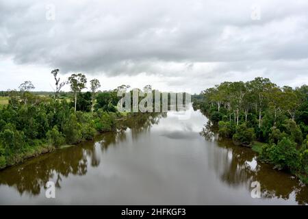 Aerial of the Kolan River at Smiths Crossing near Bundaberg Queensland ...