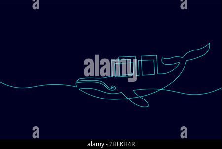 One line whale and container computer docker developer app concept. Sketch drawing open source ...