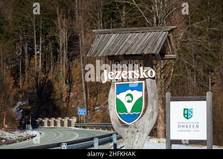 JEZERSKO, SLOVENIA, 11 JANUARY 2022: Welcome sign with ...
