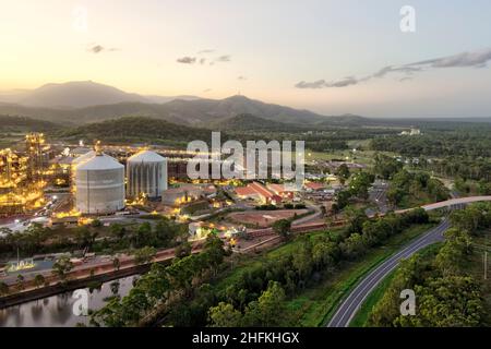 Sunset aerial of the Rio Tinto Alcan Alumina Yarwun site near Gladstone ...