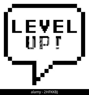 Level Up screen. Pixel video game achievement, pixels 8 bit games ui ...