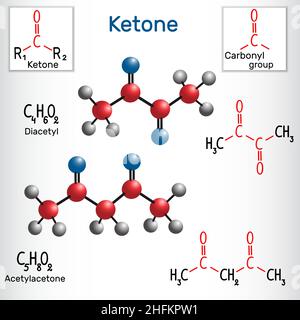 Acetone molecule. Molecular chemical structural formula and model of ...