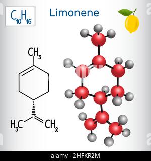 Limonene molecule - structural chemical formula and model. Cosmetic ...